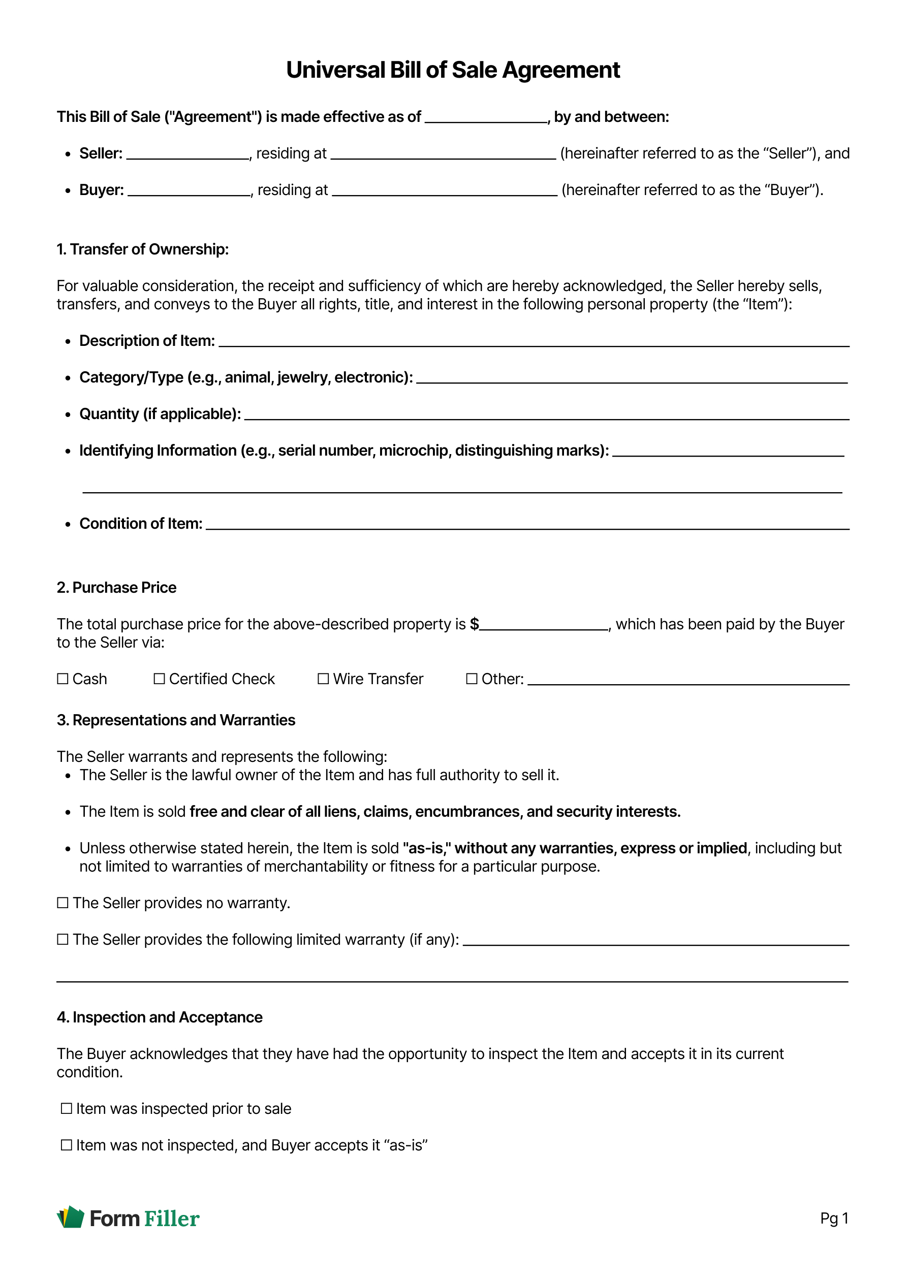 Universal Bill of Sale Agreement formfiller.us